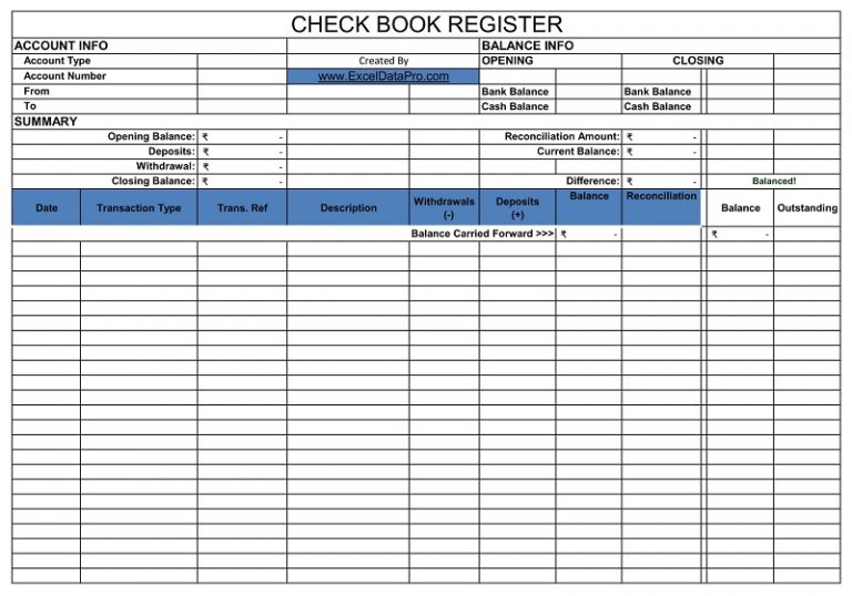 Download Checkbook Register Excel Template - ExcelDataPro