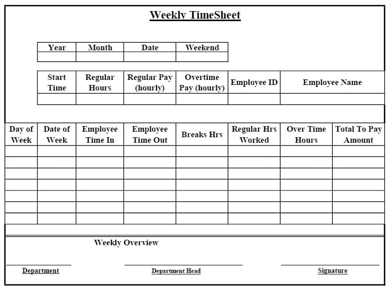 Printable Weekly Timesheet Template