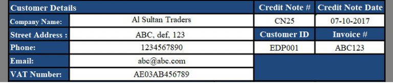 Download UAE VAT Credit Note Excel Template - ExcelDataPro