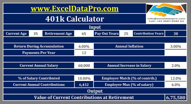 Download 401k Calculator Excel Template - ExcelDataPro