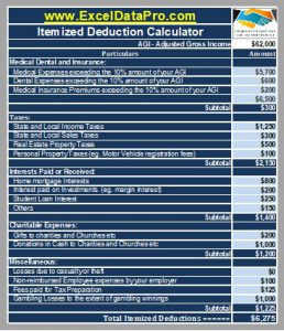Download Itemized Deductions Calculator Excel Template - ExcelDataPro