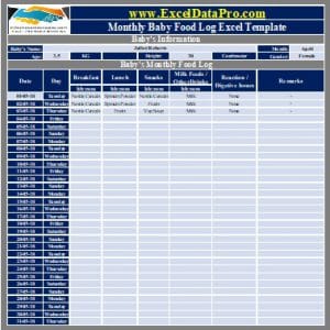 Download Monthly Baby Food Log Excel Template - ExcelDataPro