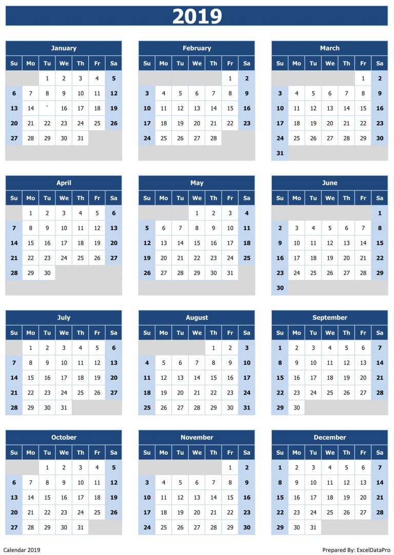 2019 Calendar Excel Templates, Printable PDFs & Images - ExcelDataPro