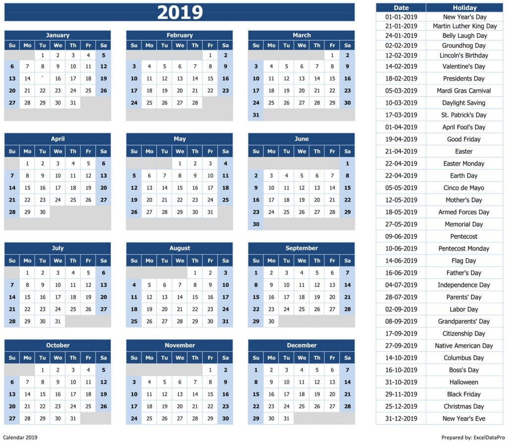 2019 Calendar Excel Templates, Printable PDFs & Images - ExcelDataPro