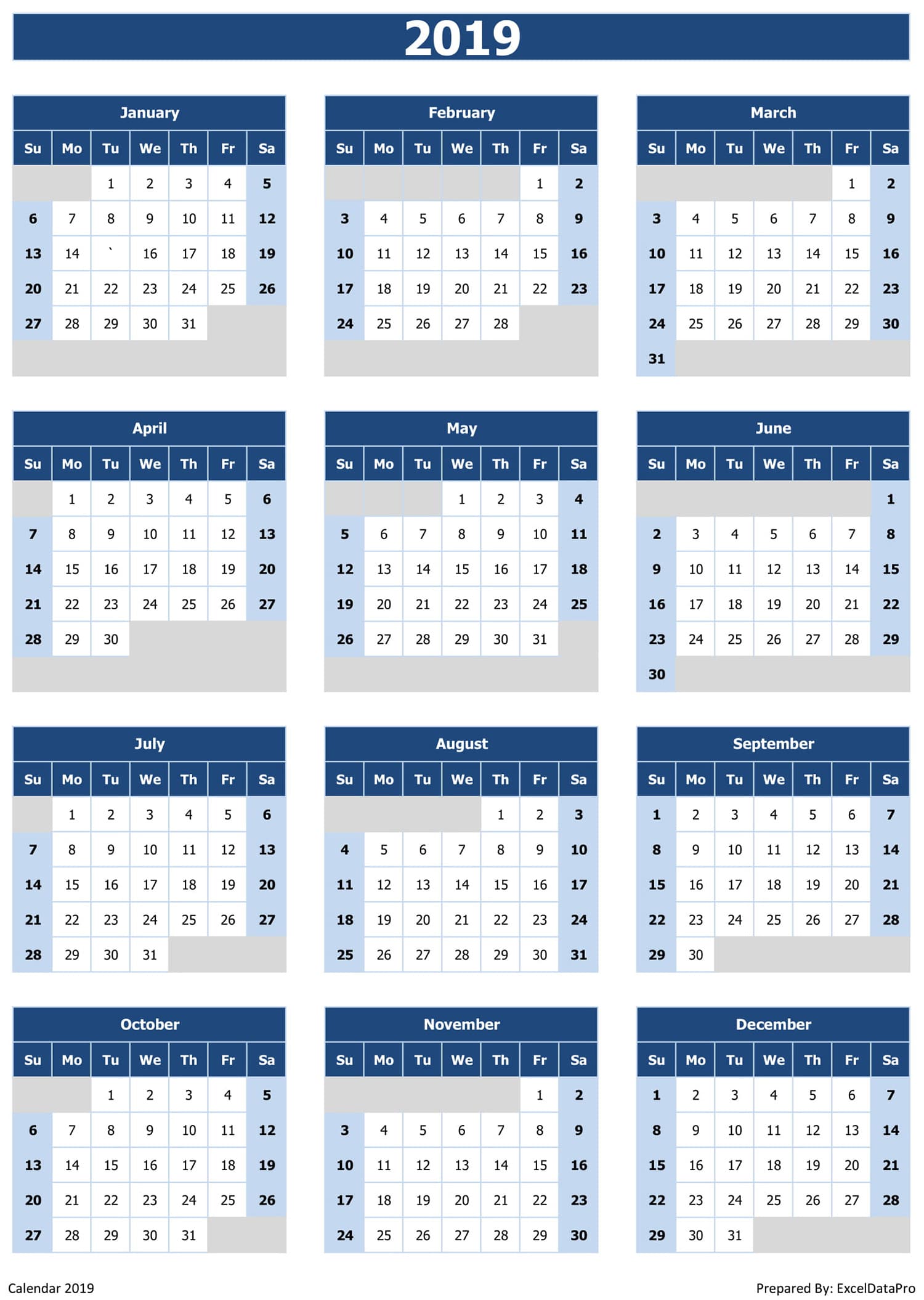 2019 Calendar Excel Templates Printable PDFs Images ExcelDataPro