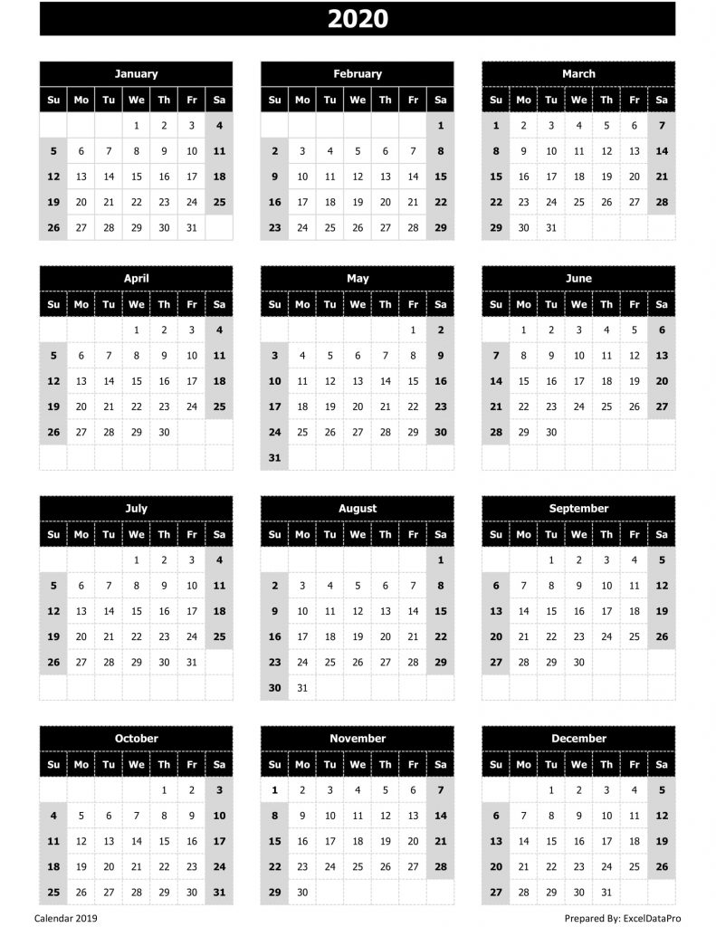 Download 2020 Yearly Calendar (Sun Start) Excel Template - ExcelDataPro
