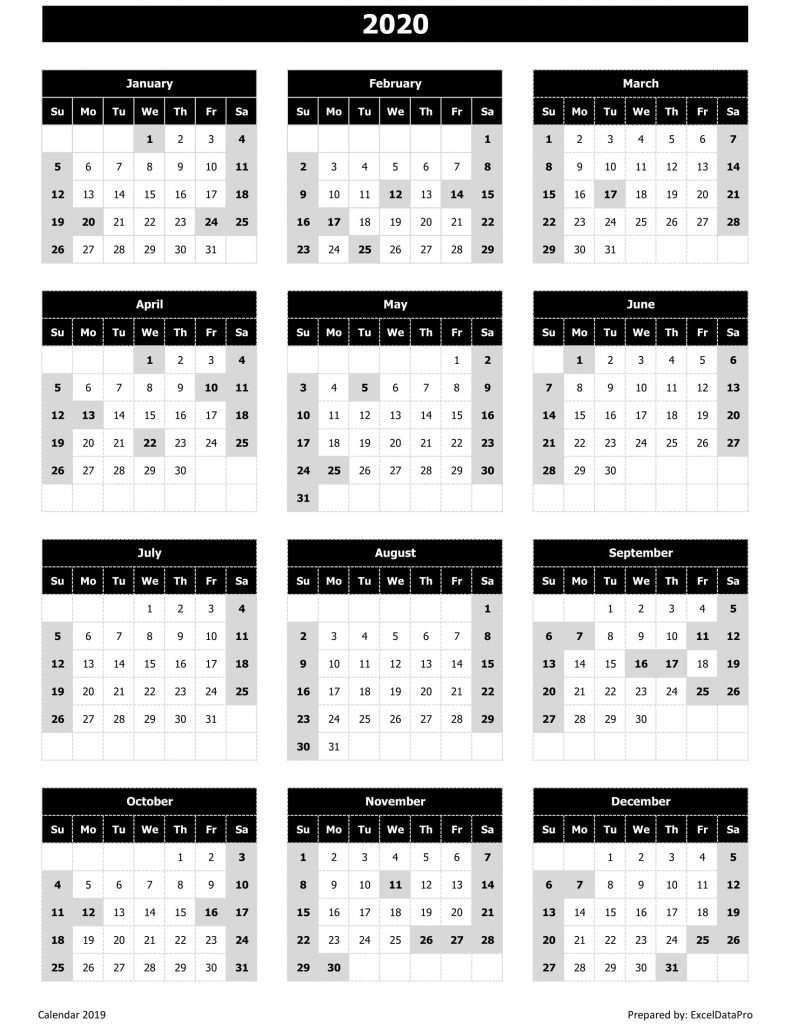 Download 2020 Yearly Calendar (Sun Start) Excel Template - ExcelDataPro