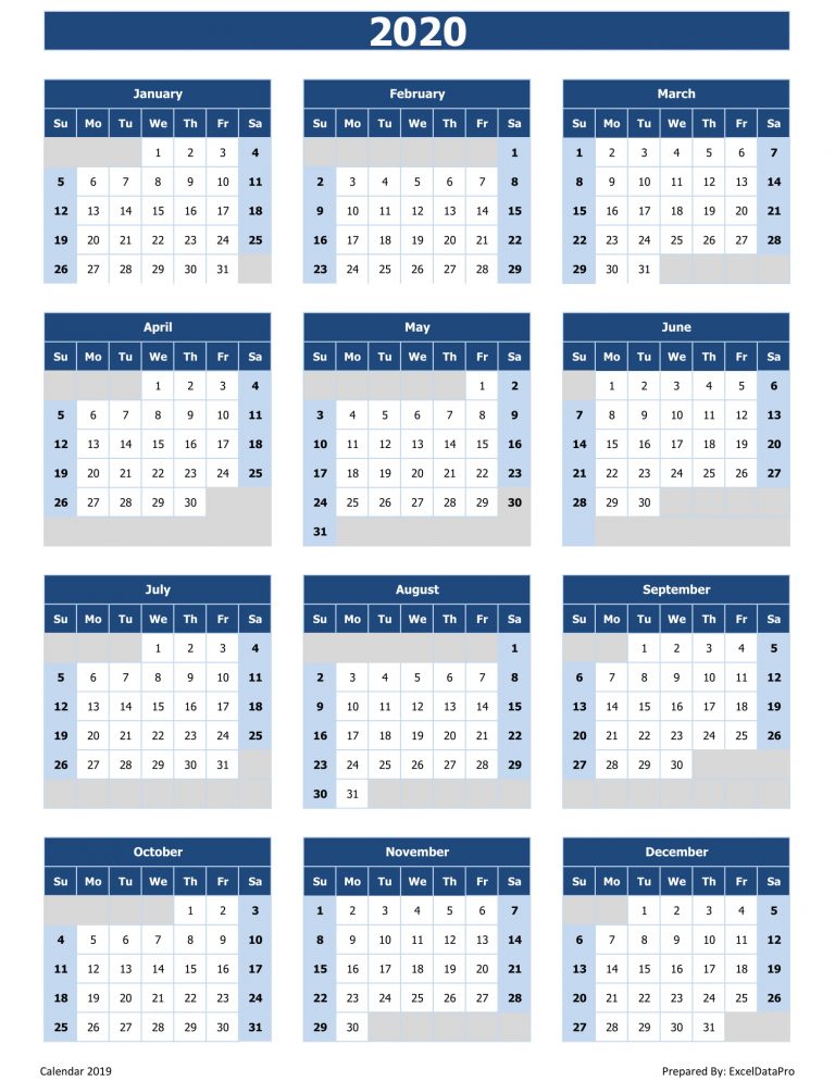 2020 Calendar Excel Templates, Printable PDFs & Images - ExcelDataPro