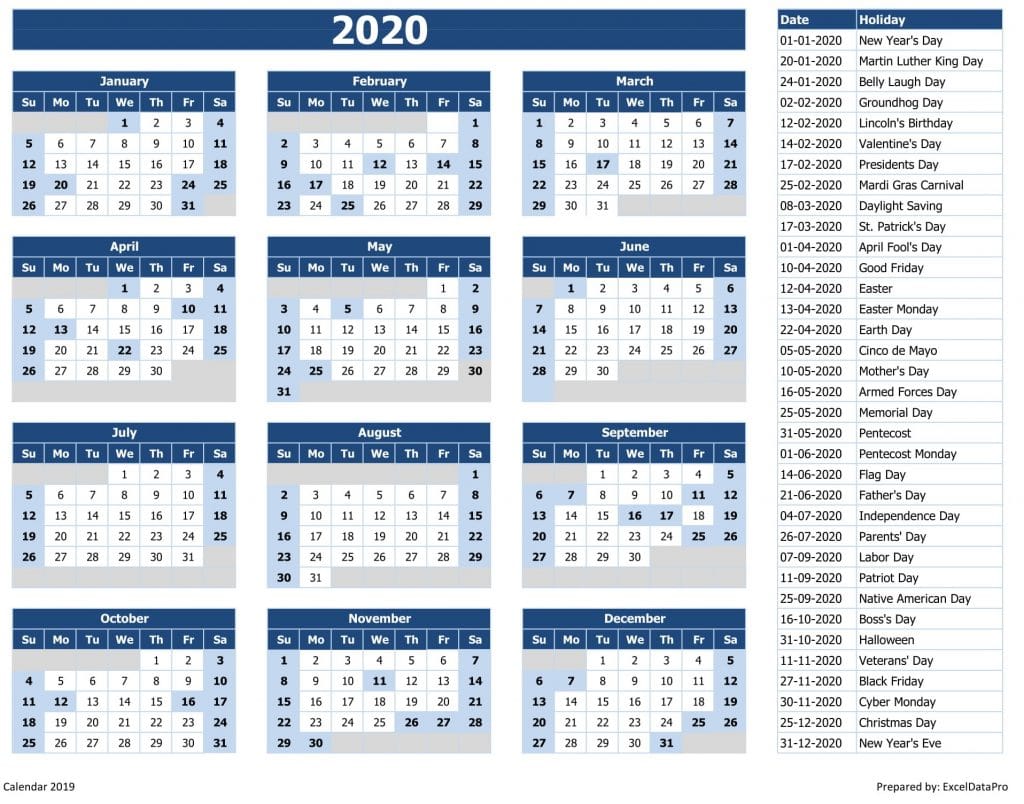 Download 2020 Yearly Calendar (Sun Start) Excel Template - ExcelDataPro