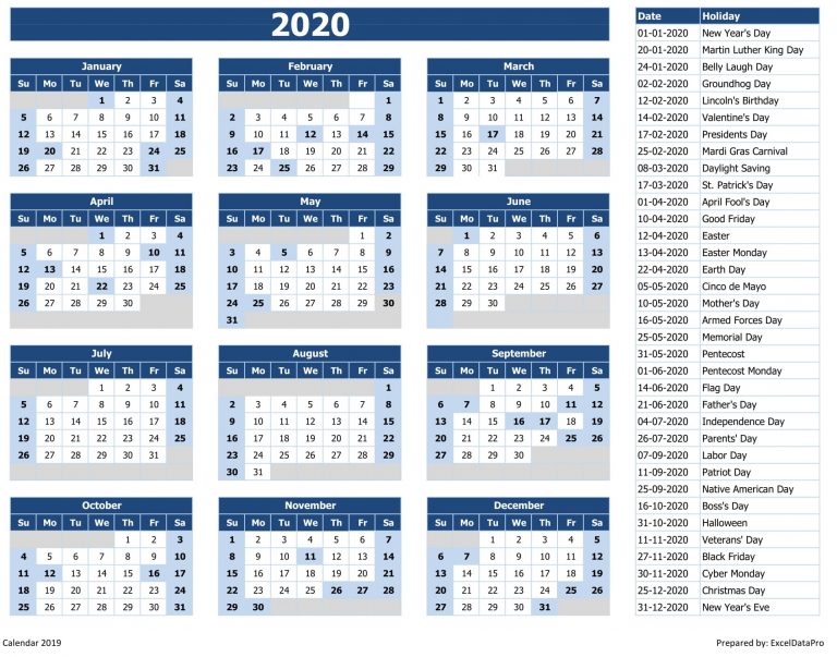 Download 2020 Yearly Calendar (Sun Start) Excel Template - ExcelDataPro