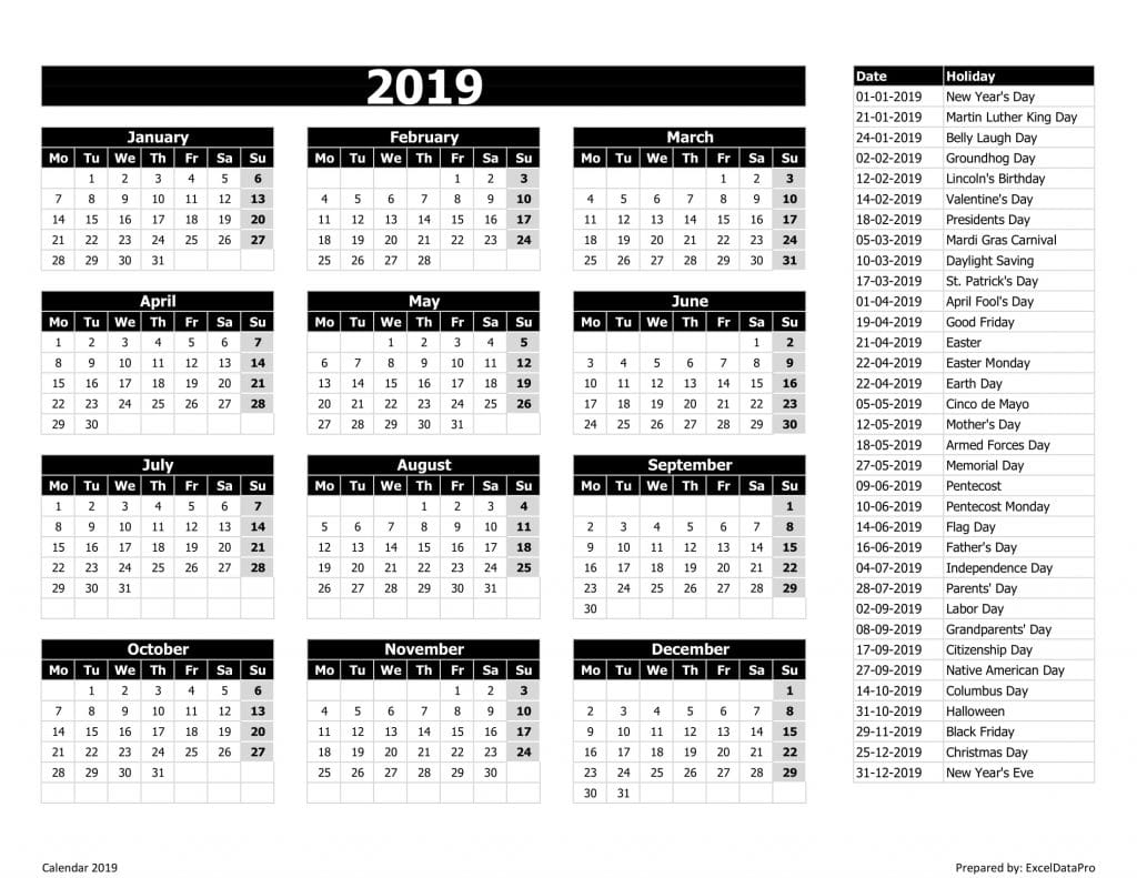 2019 Calendar Excel Templates, Printable PDFs & Images - ExcelDataPro