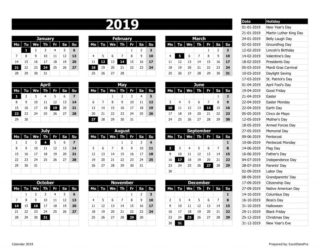 Download Calendar 2019 Monday Start Excel Template - ExcelDataPro