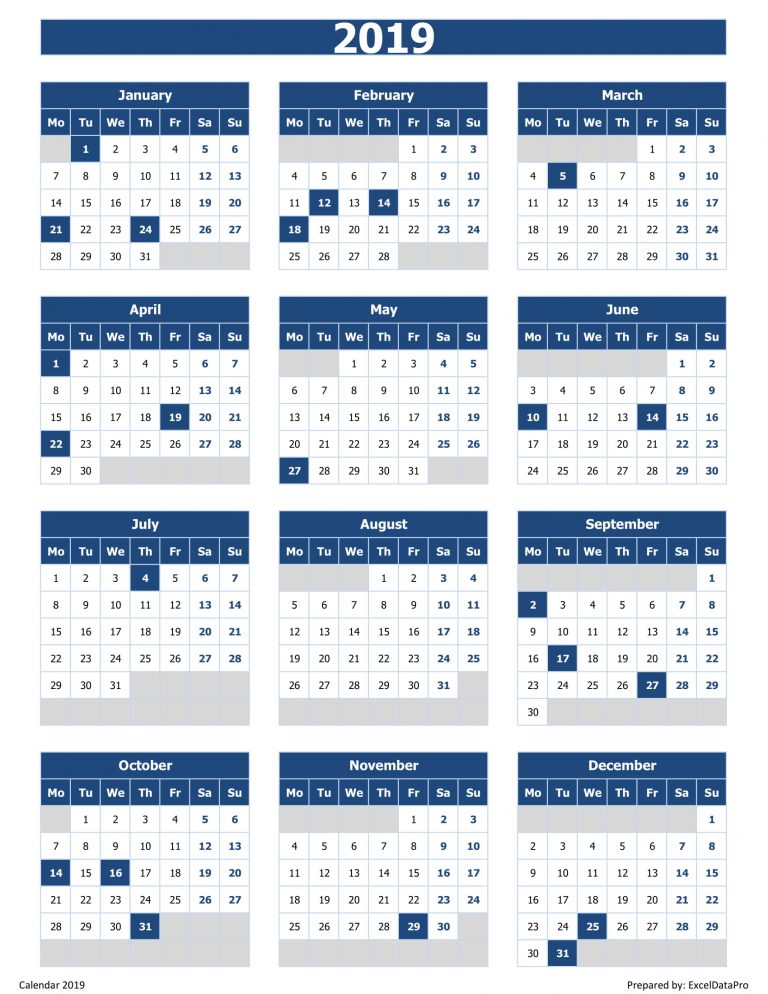 Download Calendar 2019 Monday Start Excel Template - ExcelDataPro