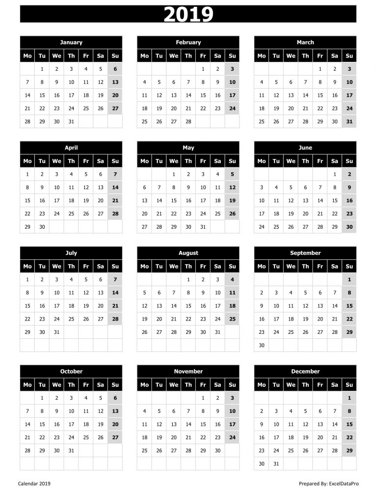 2019 Calendar Excel Templates, Printable PDFs & Images - ExcelDataPro
