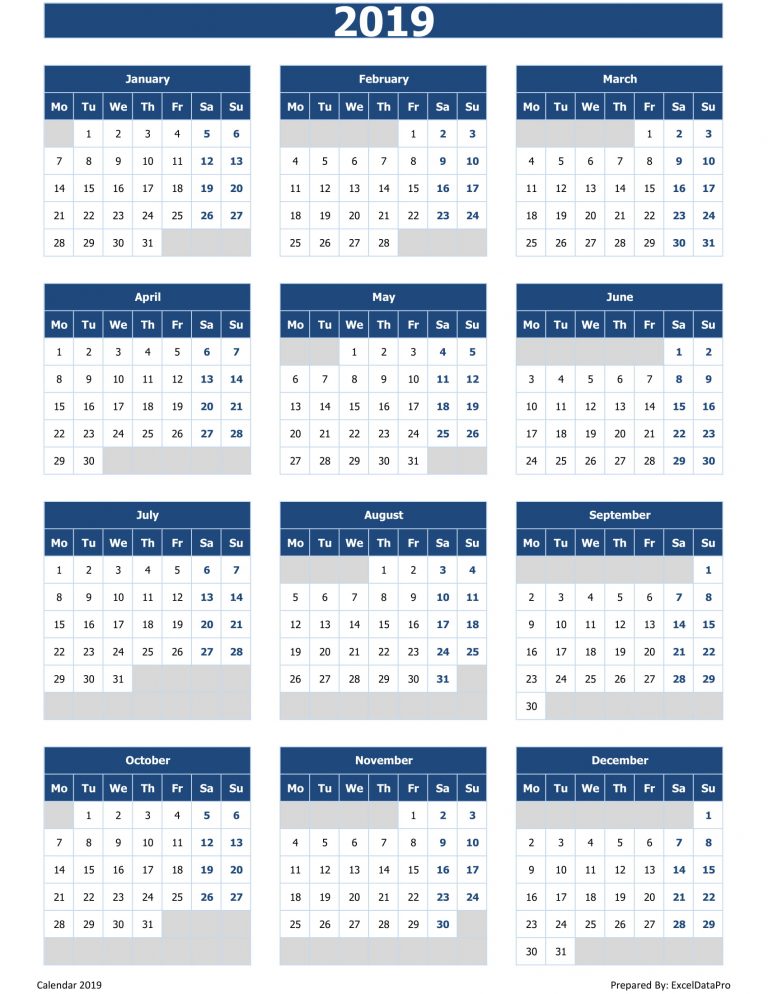 2019 Calendar Excel Templates, Printable PDFs & Images - ExcelDataPro