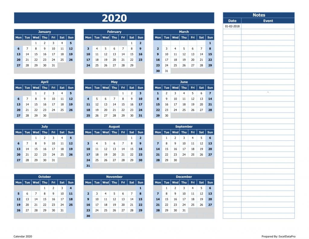 Download 2020 Yearly Calendar (Mon Start) With Notes Excel Template ... Download 2020 Yearly Calendar (Mon Start) With Notes Excel Template ...