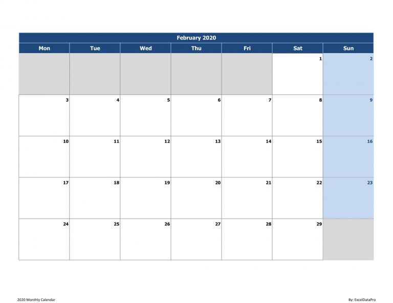 Download 2020 Monthly Calendar (Mon Start) Excel Template - ExcelDataPro
