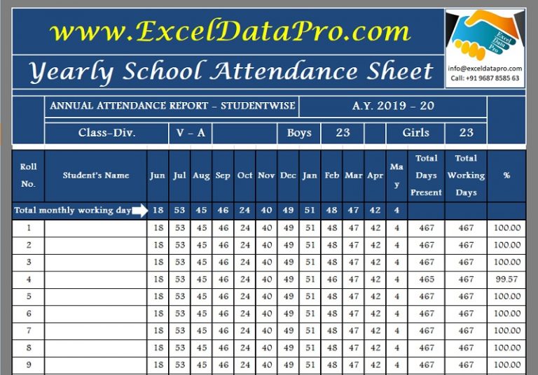 Download Yearly School Attendance Sheet Excel Template - ExcelDataPro