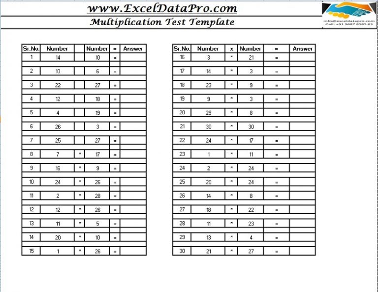Download Multiplication Table Test Sheet Excel Template - ExcelDataPro