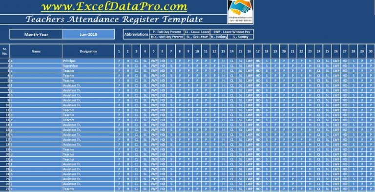 Download Teacher's Attendance Register Excel Template - ExcelDataPro