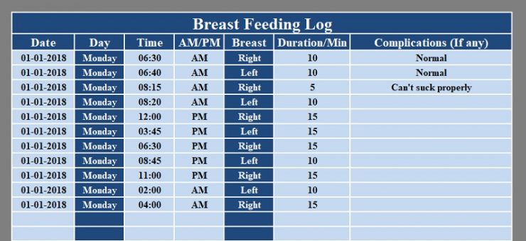 Download Breastfeeding Log With Feeding Guide Excel Template - ExcelDataPro