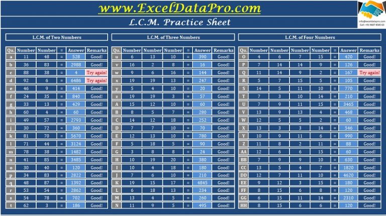 Download LCM Practice Worksheet Excel Template - ExcelDataPro
