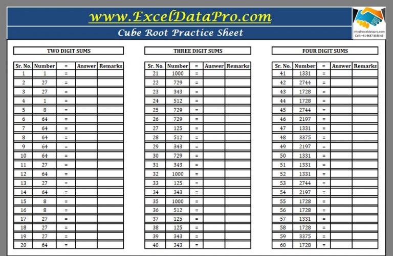 Download Cube Root Practice Sheet Excel Template - ExcelDataPro