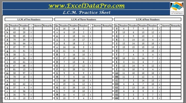 Download LCM Practice Worksheet Excel Template - ExcelDataPro