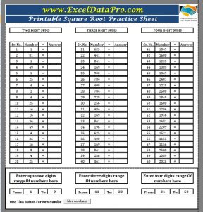 Download Square Root Practice Sheet Excel Template - ExcelDataPro