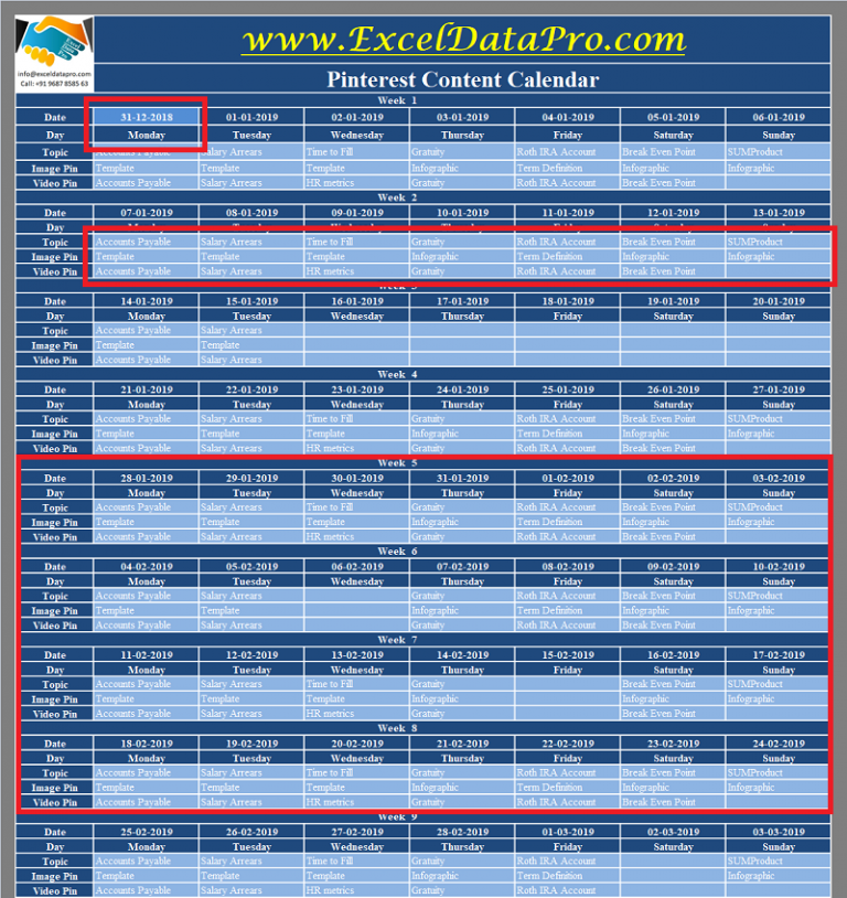 Download Pinterest Content Calendar Excel Template - ExcelDataPro