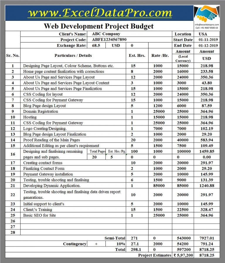 Download Web Development Project Budget Excel Template - ExcelDataPro