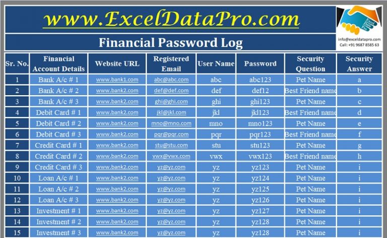 Download Password Log Excel Template - ExcelDataPro