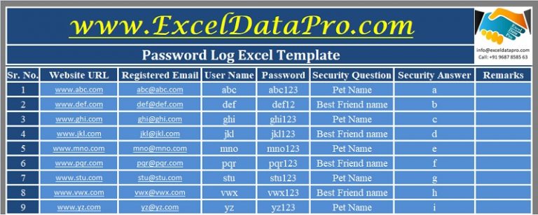 Download Password Log Excel Template Exceldatapro