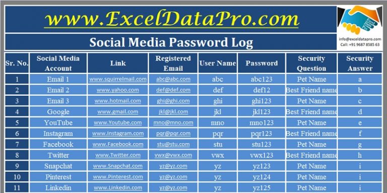 Download Password Log Excel Template - ExcelDataPro