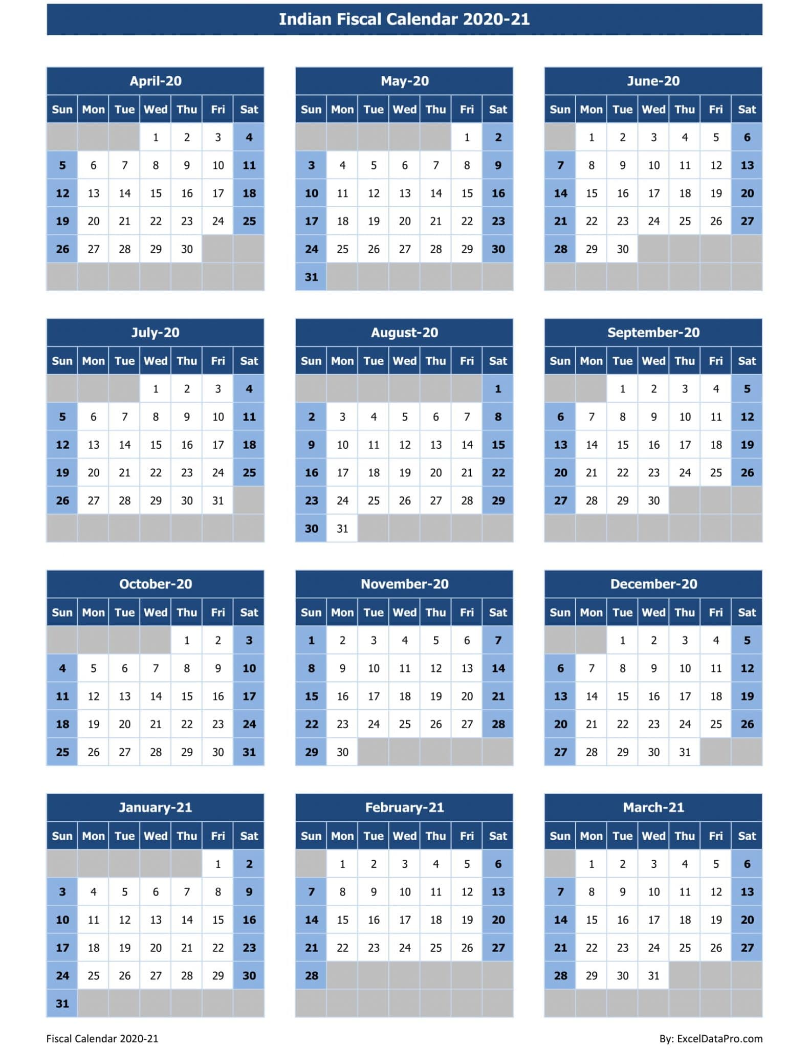 Download Indian Fiscal Calendar 2020 21 Excel Template ExcelDataPro