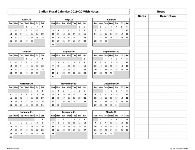 Download Indian Fiscal Calendar 2020-21 With Notes Excel Template ...