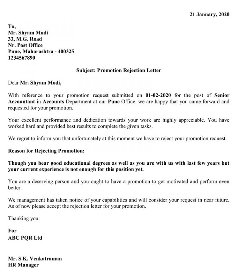 Download Promotion Rejection Letter Excel Template - ExcelDataPro