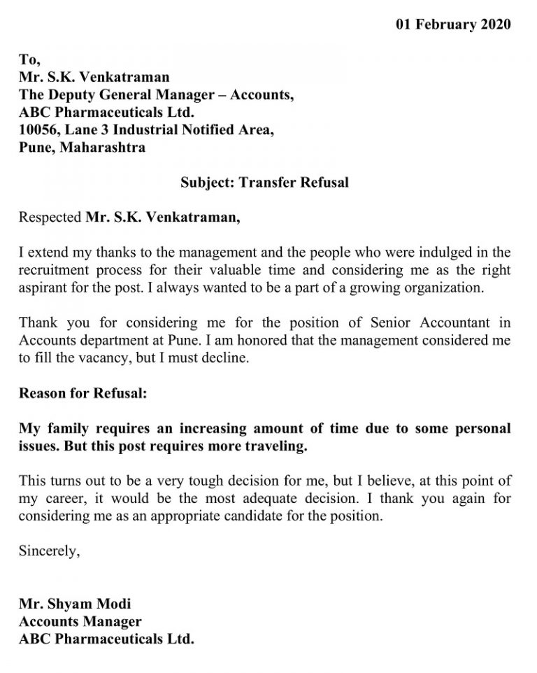 Download Transfer Refusal Letter Excel Template - ExcelDataPro