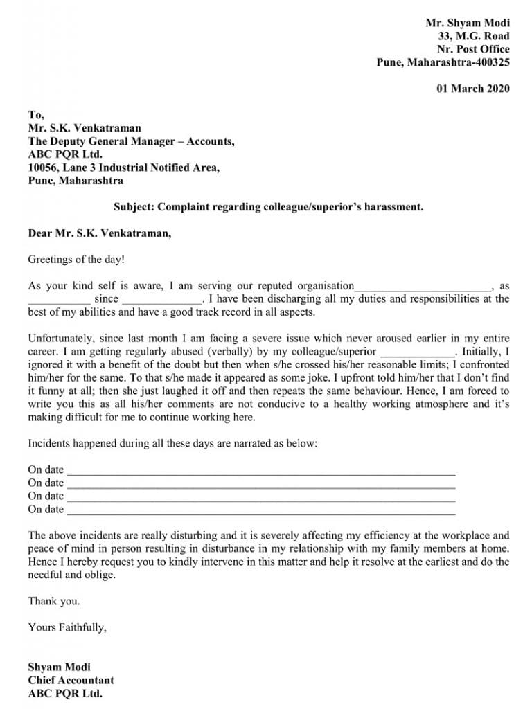 Download Workplace Harassment Complaint Letter Excel Template ...