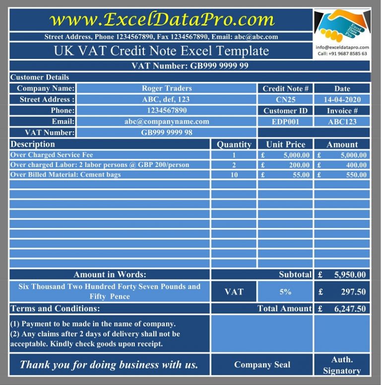 Download UK VAT Credit Note Excel Template - ExcelDataPro