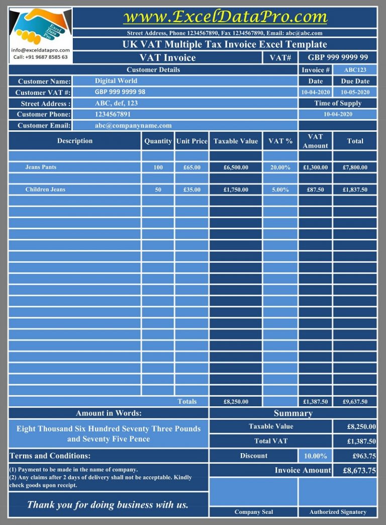 Download UK VAT Multiple Tax Invoice Excel Template - ExcelDataPro
